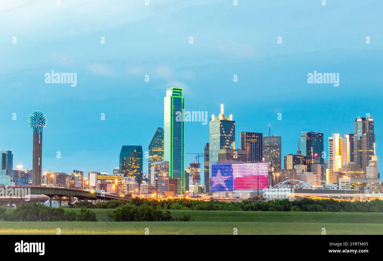 Colorful downtown Dallas Texas city skyline on a cloudy blue evening ...