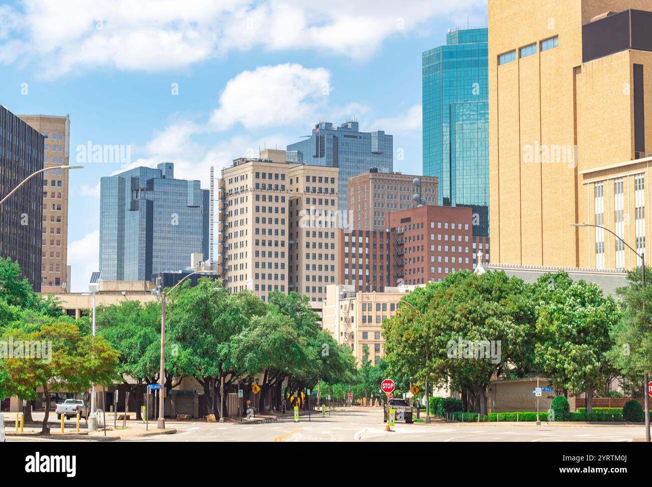 Downtown buildings and trees of the Fort Worth Texas city skyline ...