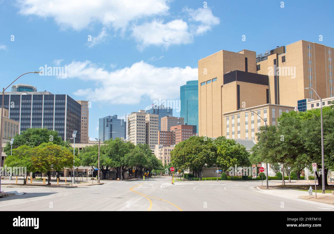 Downtown buildings and trees of the Fort Worth Texas city skyline ...