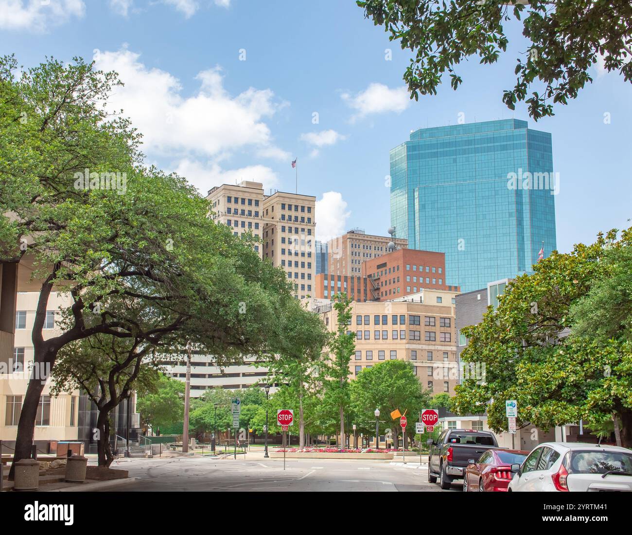 Downtown buildings and trees of the Fort Worth Texas city skyline ...