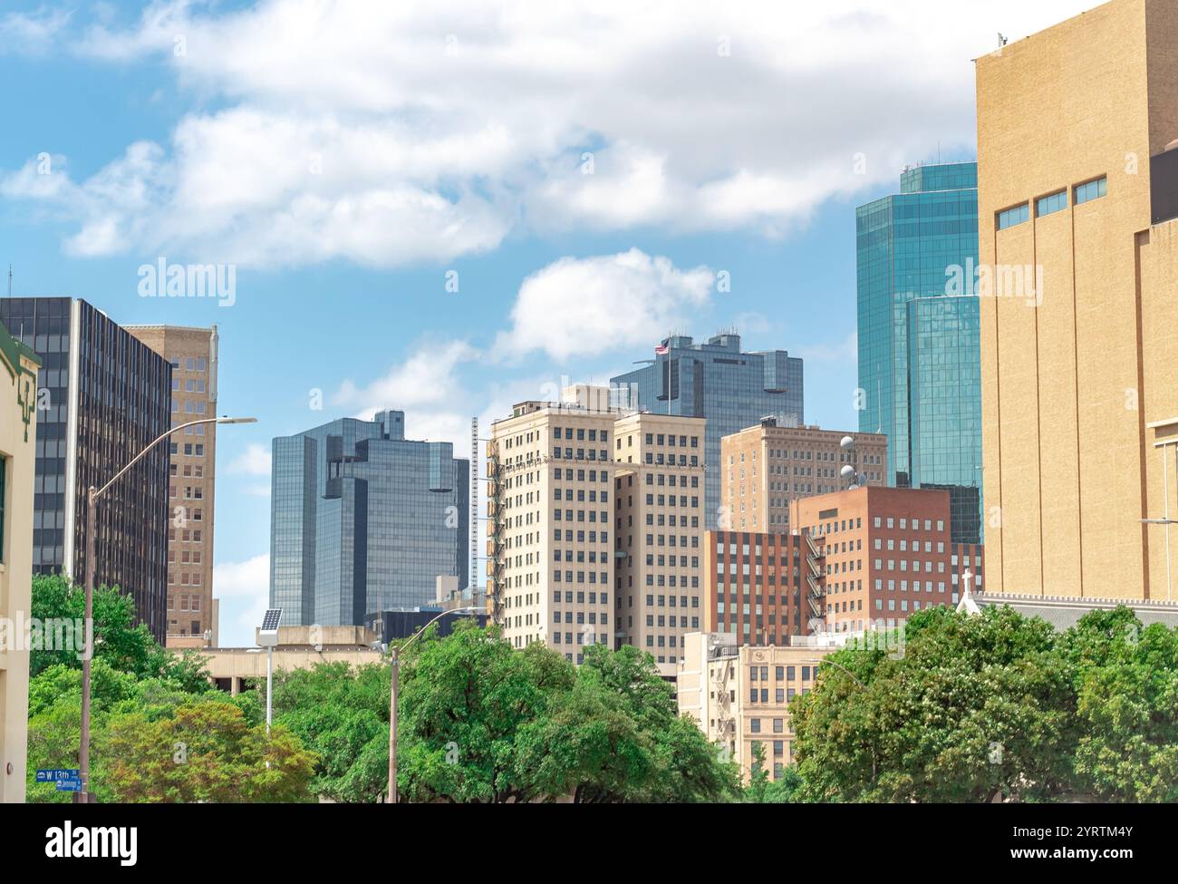Downtown buildings and trees of the Fort Worth Texas city skyline ...