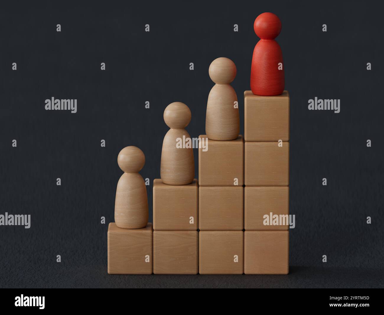 red wooden man doll on top of ladder on black background. Climbing ...