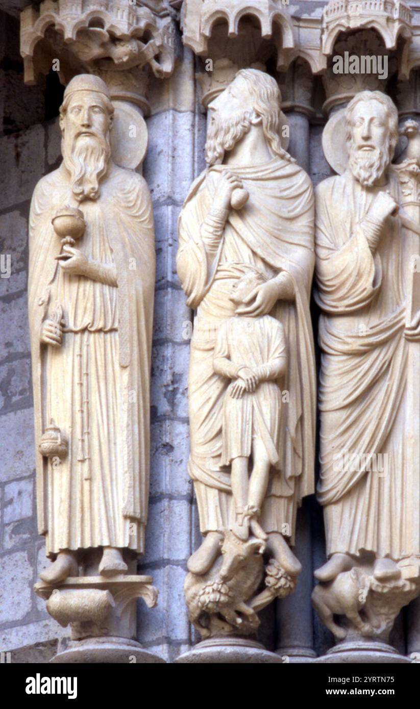 Chartres Cathedral; Melchizedek, Abraham, Isaac, Moses; left embrasure jamb figures, central ...