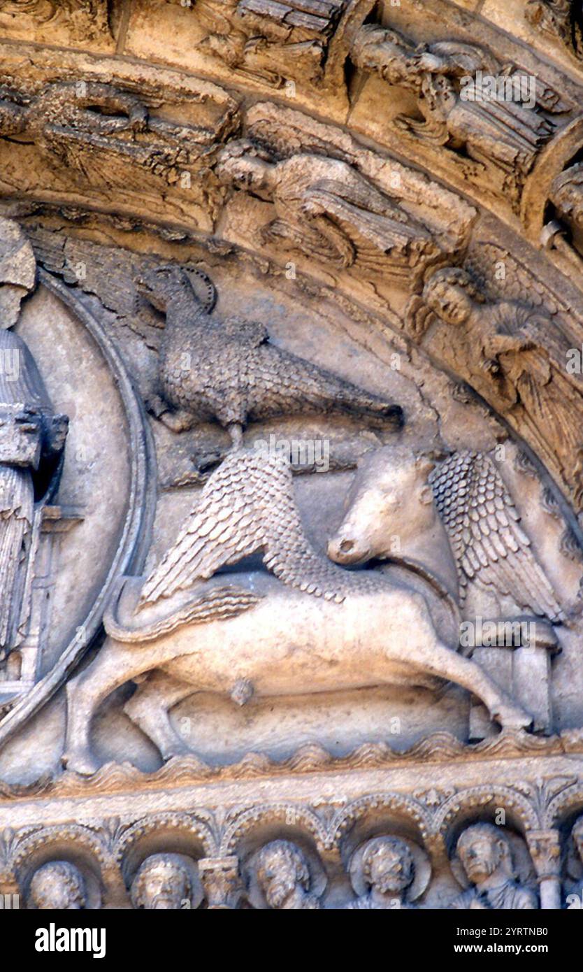 Chartres Cathedral; winged ox and eagle; tympanum, central portal, west ...