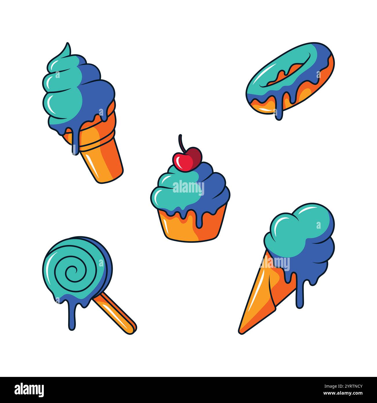Flat art set of desserts, ice cream, cupcake, donut and candy. Sweet desserts cartoon ...