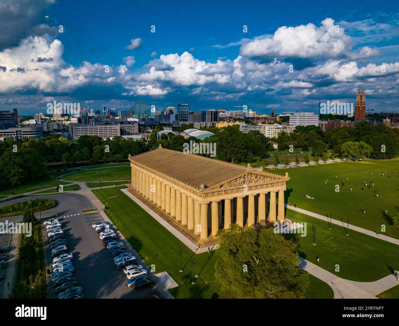 JULY 18, 2022, PARTHENON, NASHVILLE, TN., USA - drone view of replica of Greek Parthenon is in ...