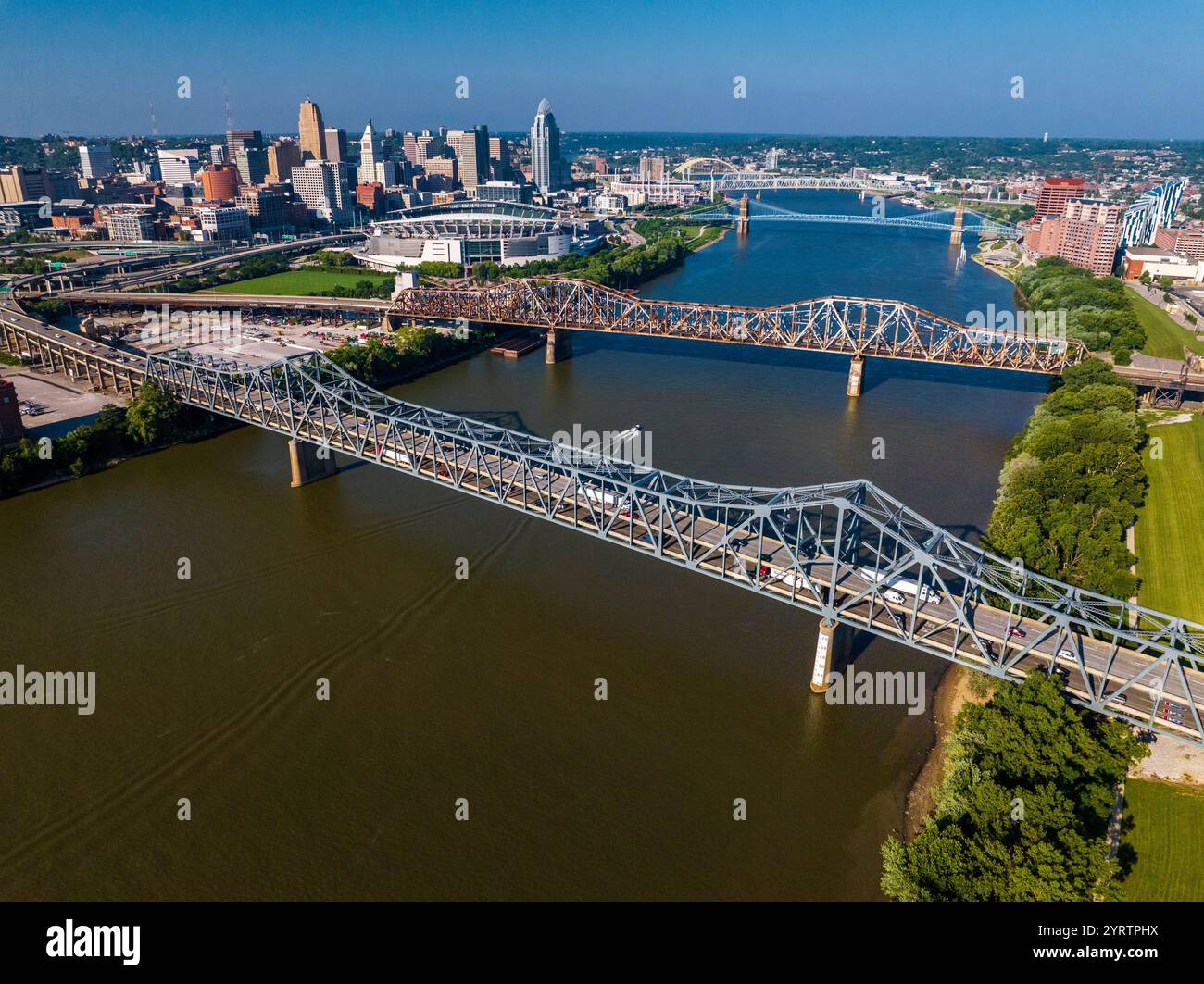 aerial view of Suspension Bridges and James Roebling Bridge crossing ...