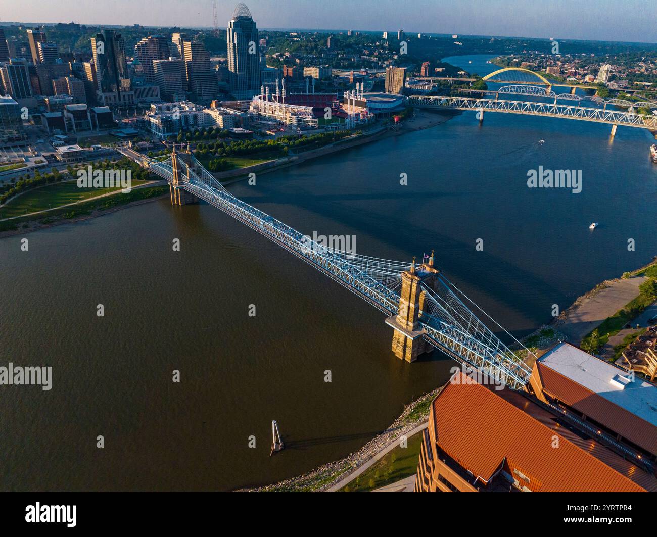 aerial view of Suspension Bridges and James Roebling Bridge crossing ...