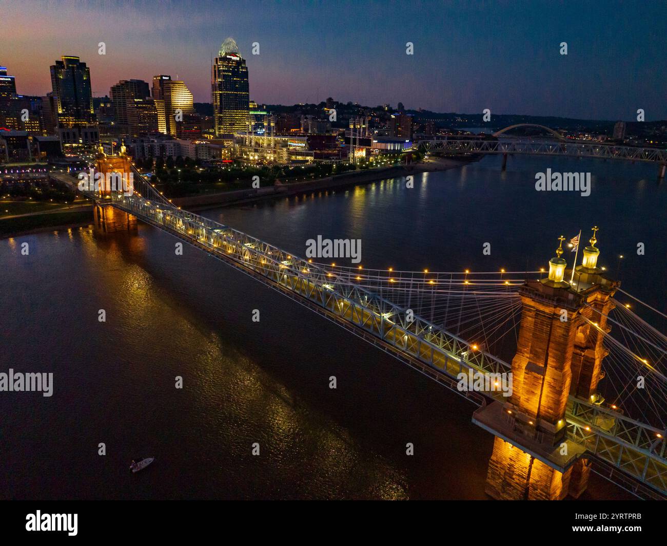 aerial view of Suspension Bridges and James Roebling Bridge crossing ...