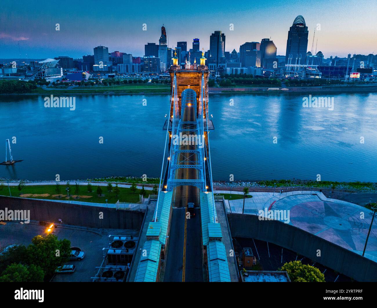 aerial view of Suspension Bridges and James Roebling Bridge crossing ...