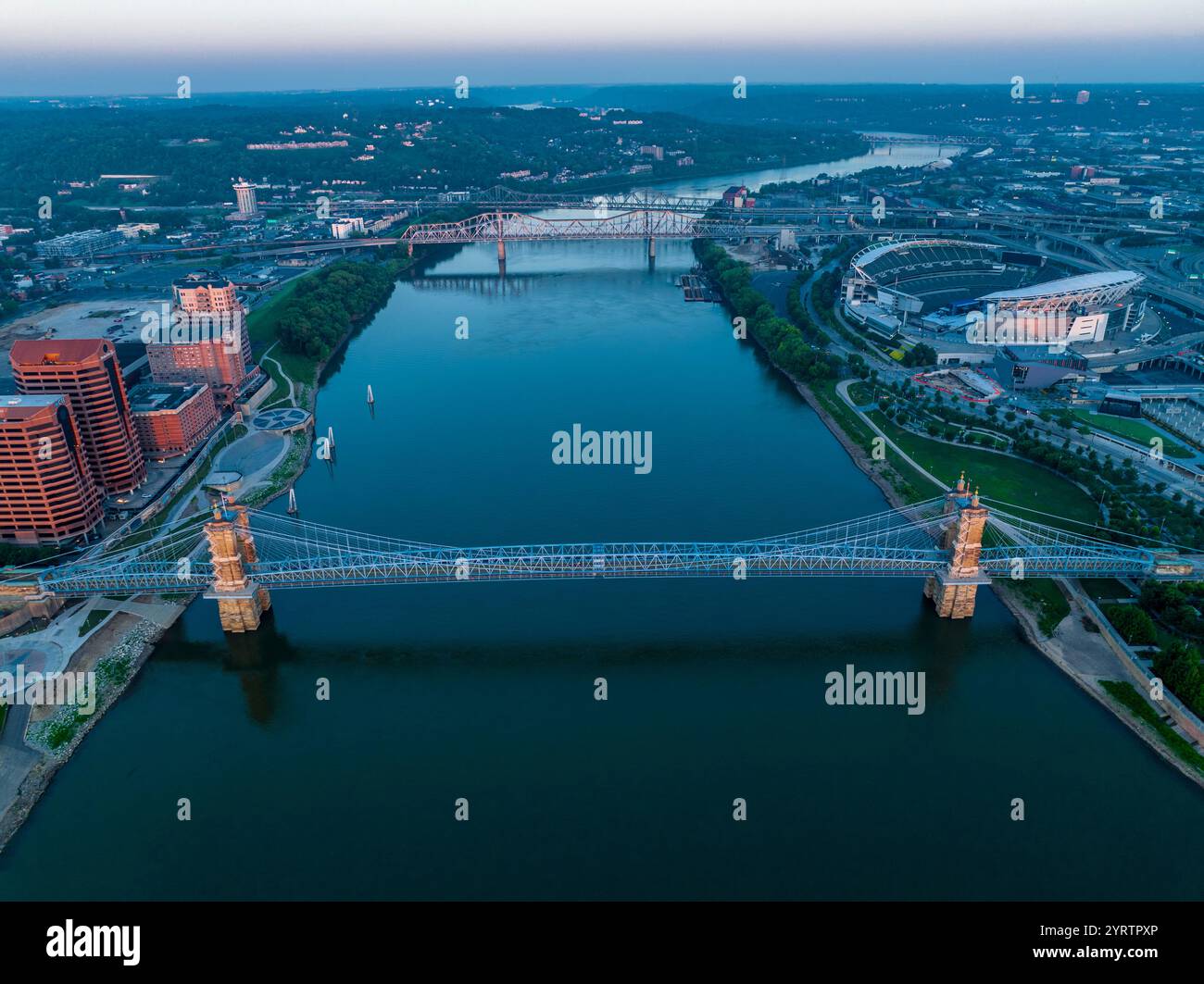 aerial view of Suspension Bridges and James Roebling Bridge crossing ...