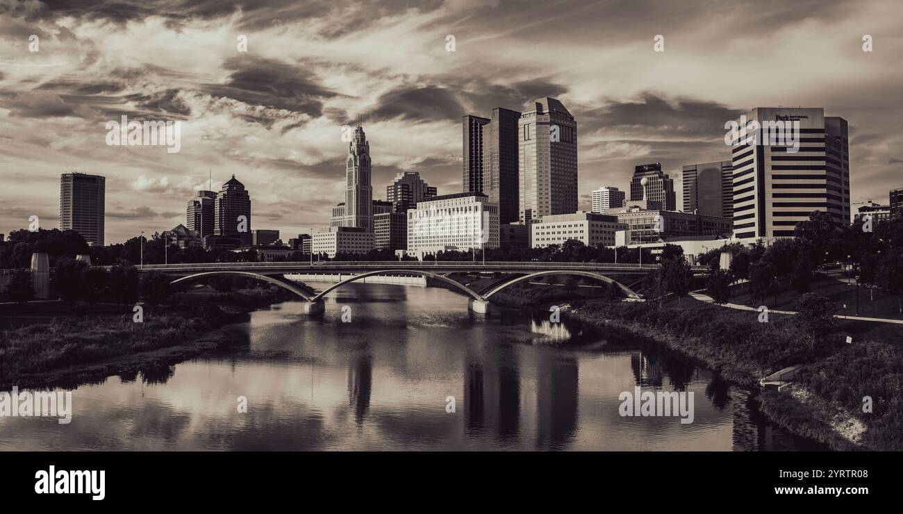 skyline view of bridges crossing Scioto River that runs through ...