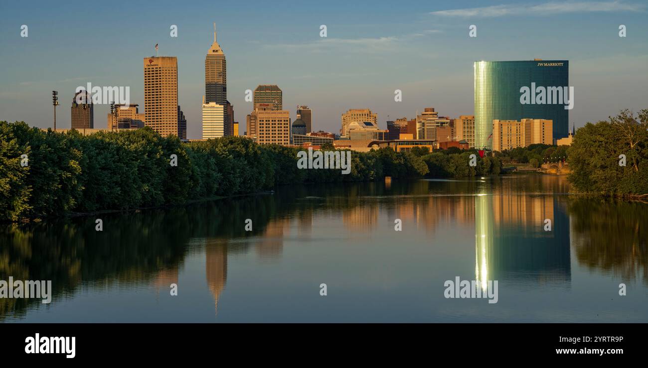 Skyline view at sunset into dusk of Indianapolis buildings on WHite ...