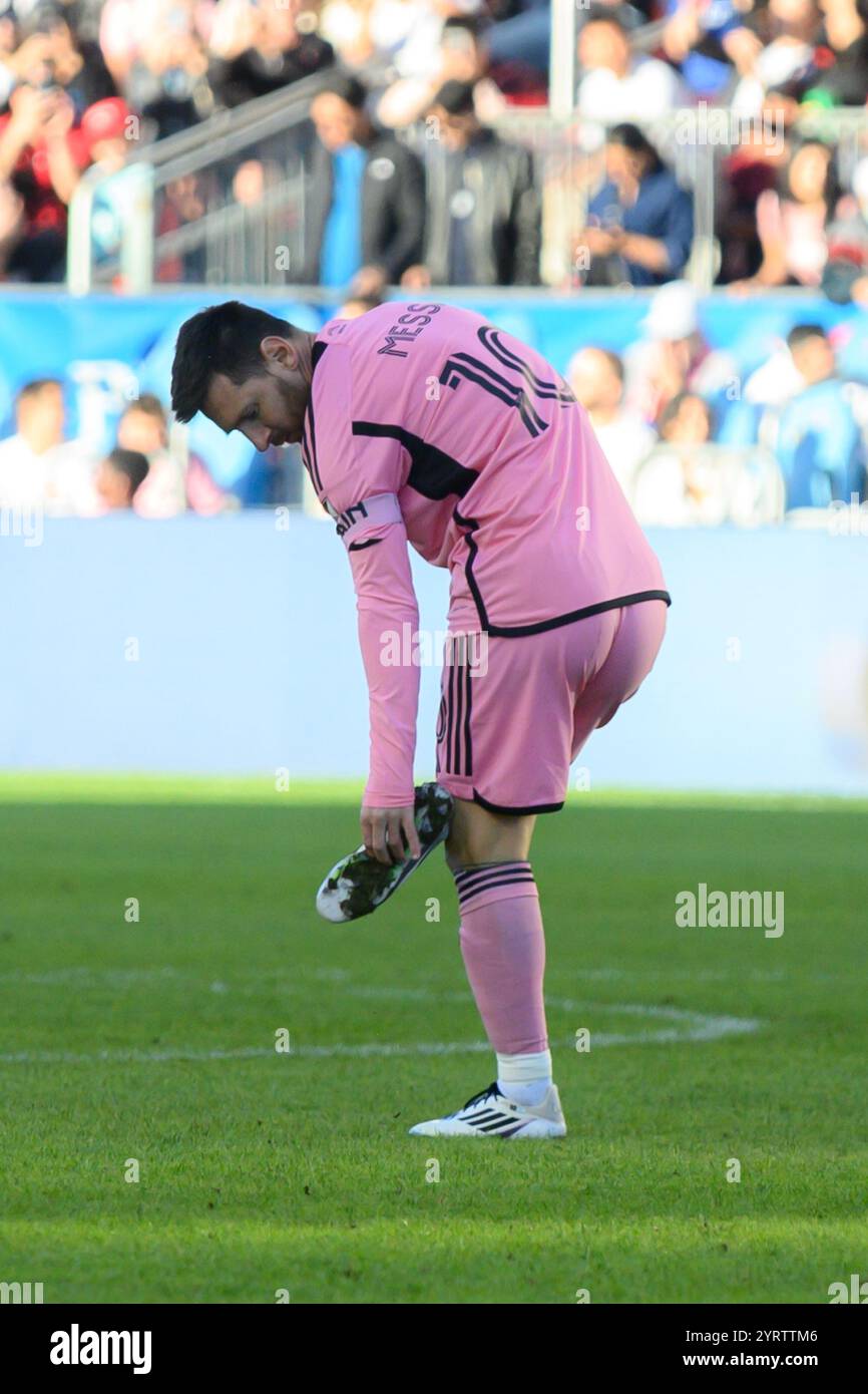 Toronto, ON, Canada - October 5, 2024: Lionel Messi #10 of the Inter Miami FC cleans mud from ...