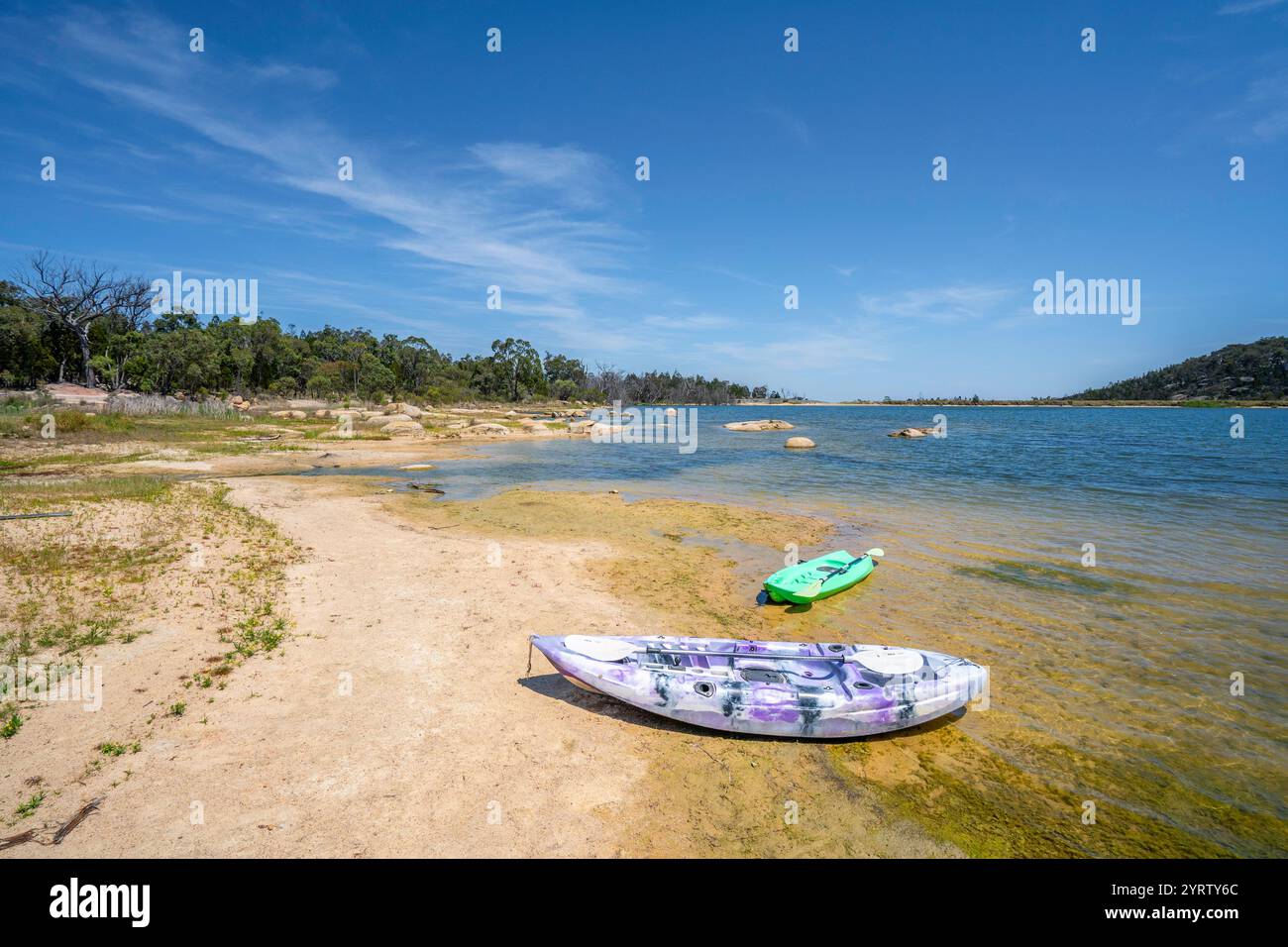 Two kayaks on beach at dam built as part of Pikedale Soldiers ...
