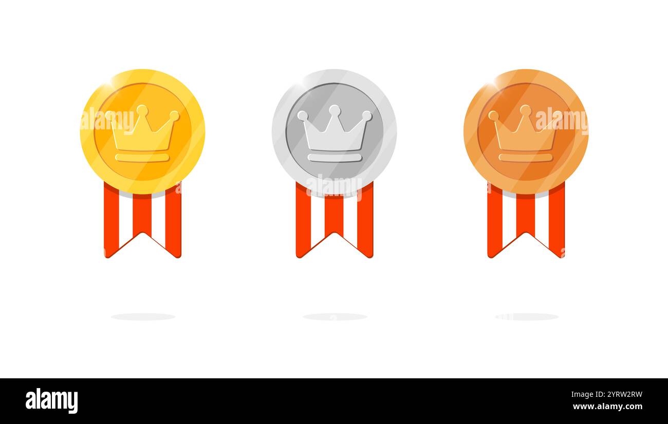 Gaming achievement award medal badge set with crown symbol and red ...
