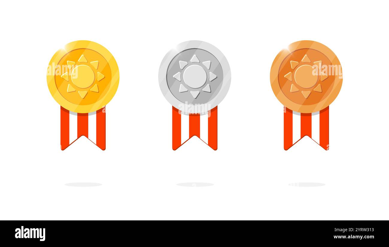 Gaming achievement medal badge set with ancient sun symbol and red ...