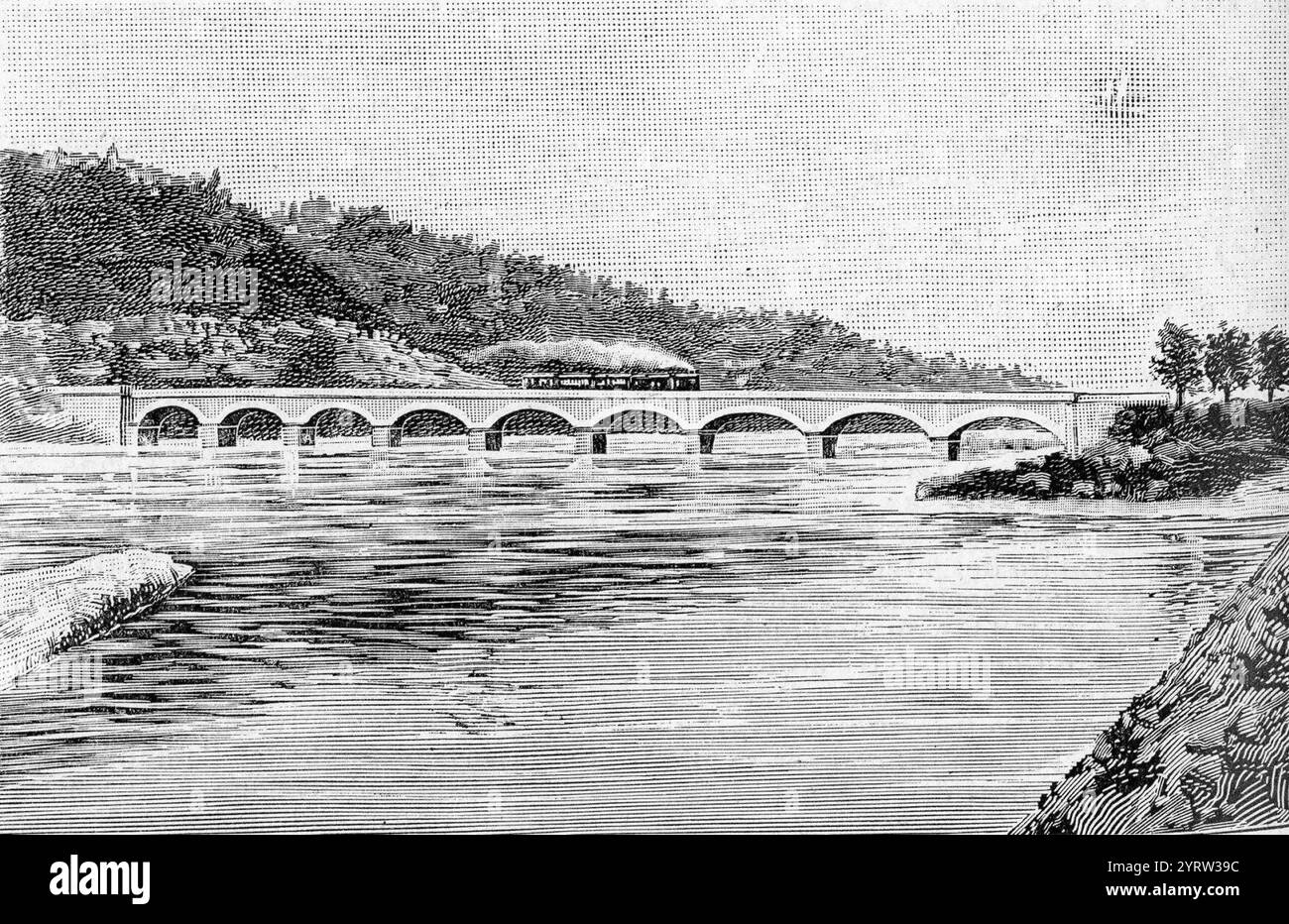 Chivasso, il ponte sul Po (xilografia Stock Photo - Alamy