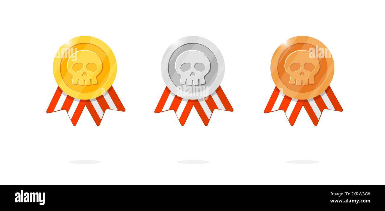 Gaming achievement award medal icon set with skull symbol and red ...