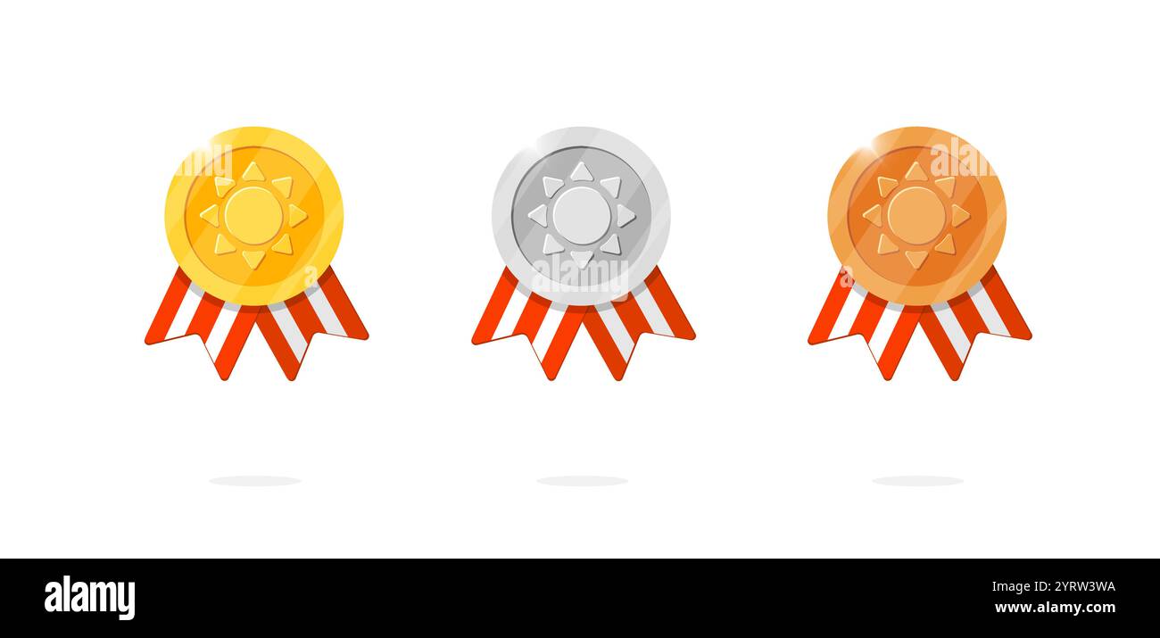 Gaming achievement award medal icon set with sun symbol and red striped ...