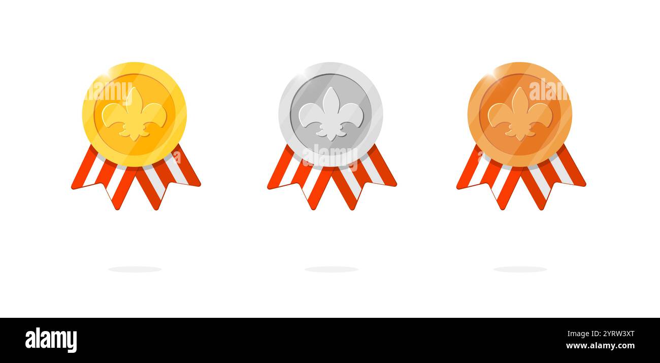 Gaming achievement award medal icon set with royal symbol and red ...