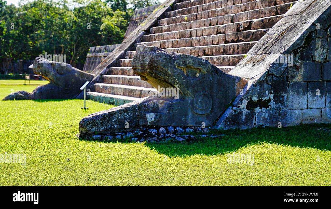 Mayan Feathered serpent god,Kukulcan,carvings on the stairs of the ...