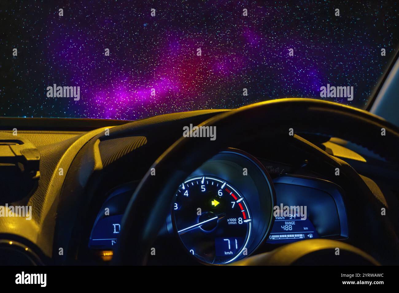 View of the universe with stars through the windshield of a moving car ...