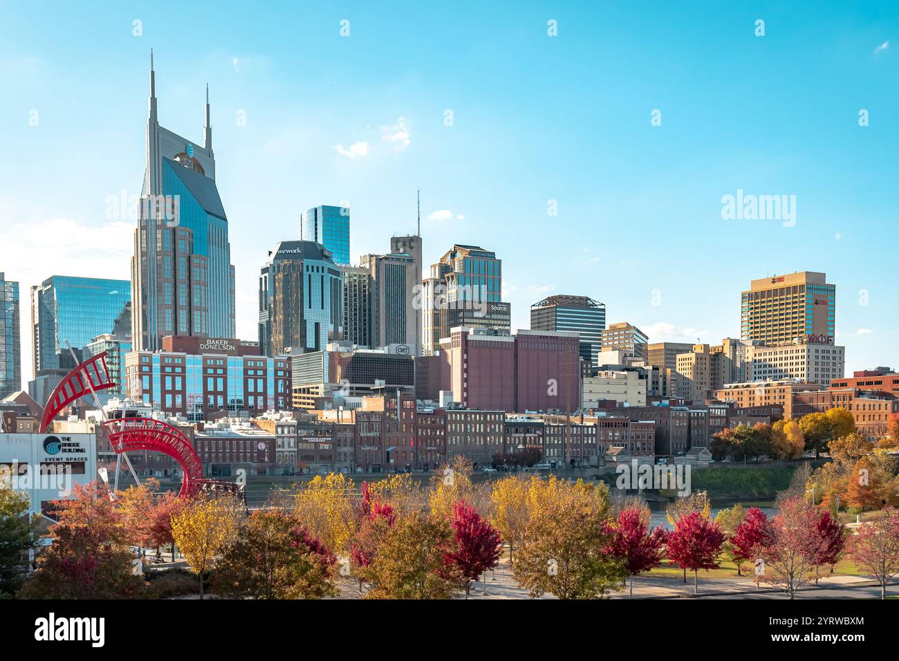 Downtown Nashville city skyline buildings view along the Cumberland ...