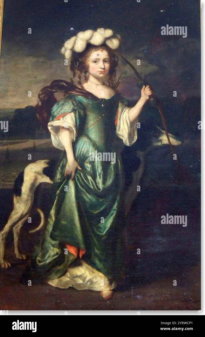 Circle of Caspar Netscher - Portrait of a Comely Girl as Diana Holding ...