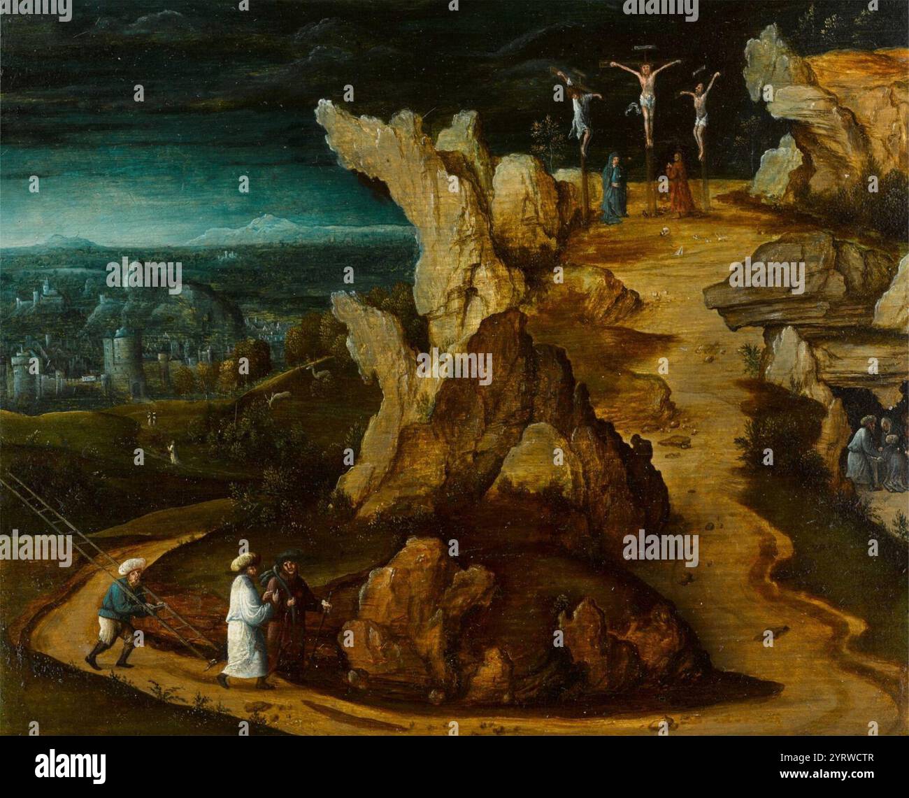 Circle of Joachim Patinir - An extensive rocky landscape with the Crucifixion at Calvary, Lot ...