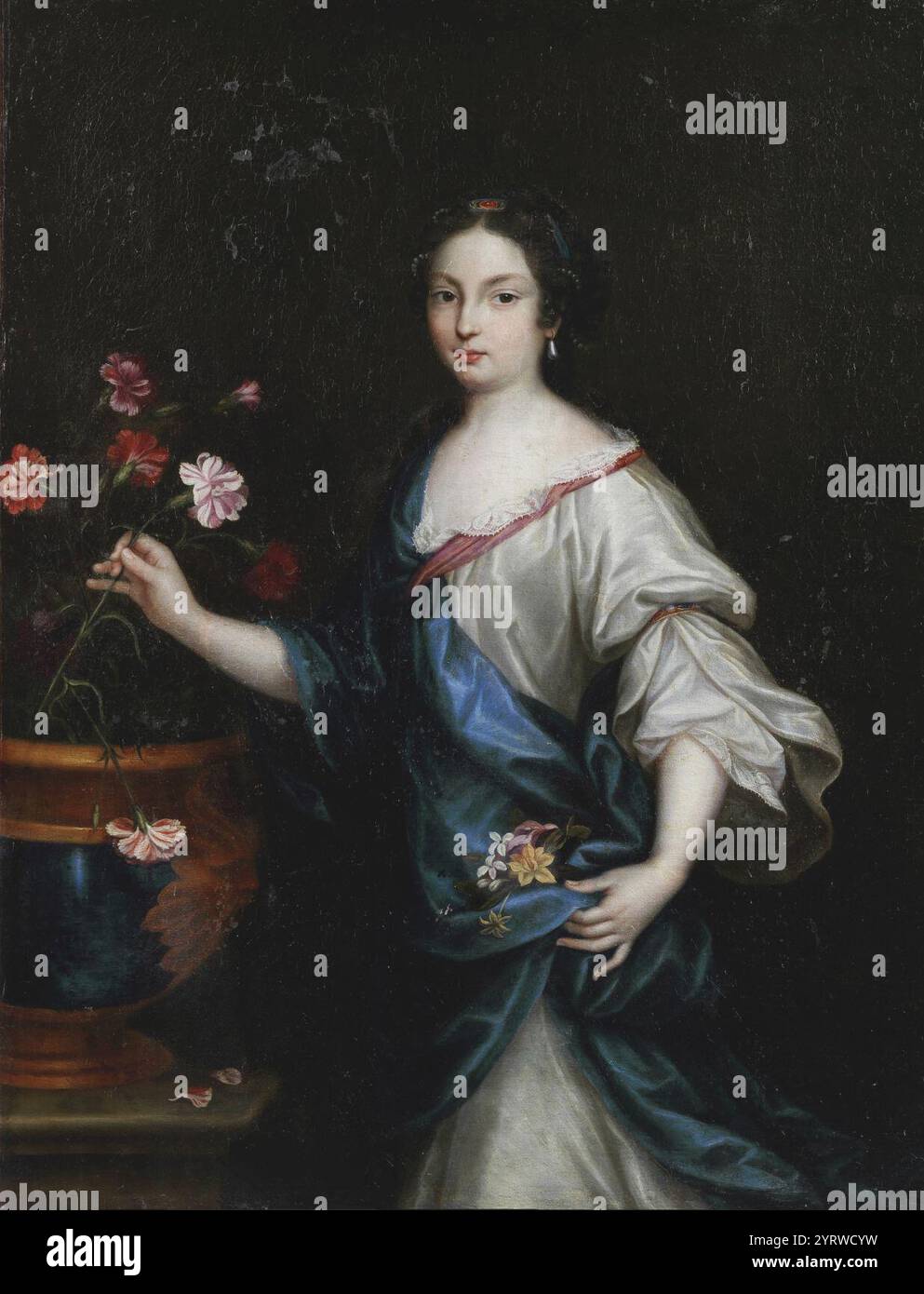 Circle of Pierre Mignard - Portrait of a Lady in a white silk dress ...