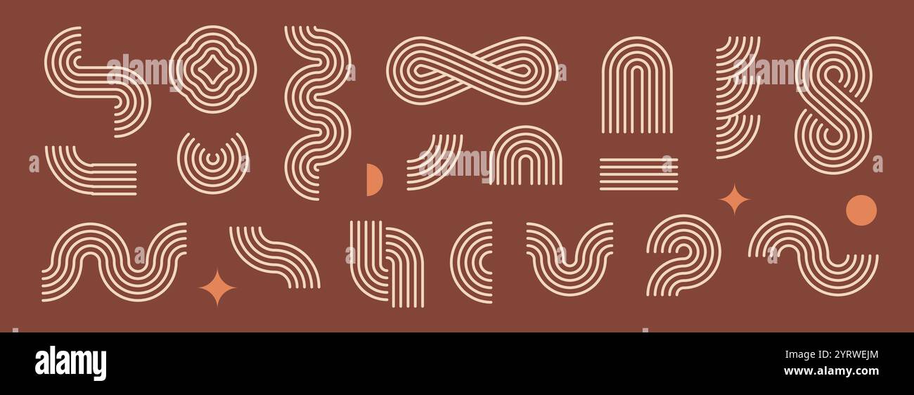 Boho line element set. Brown wave, zigzag and arch form design. Mid ...