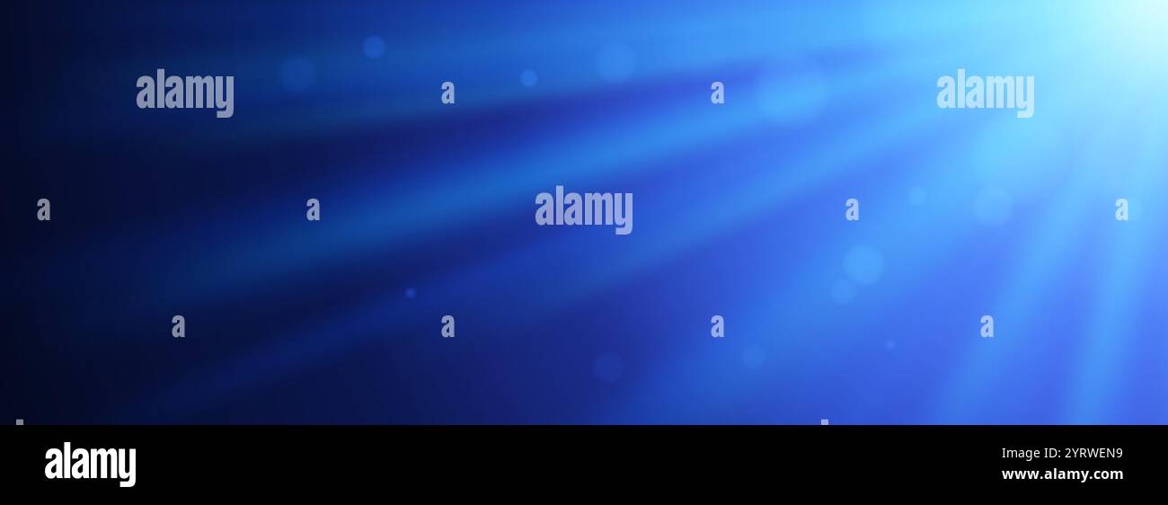 Sunlight glare background. Blue bright sunshine rays and beams on dark ...