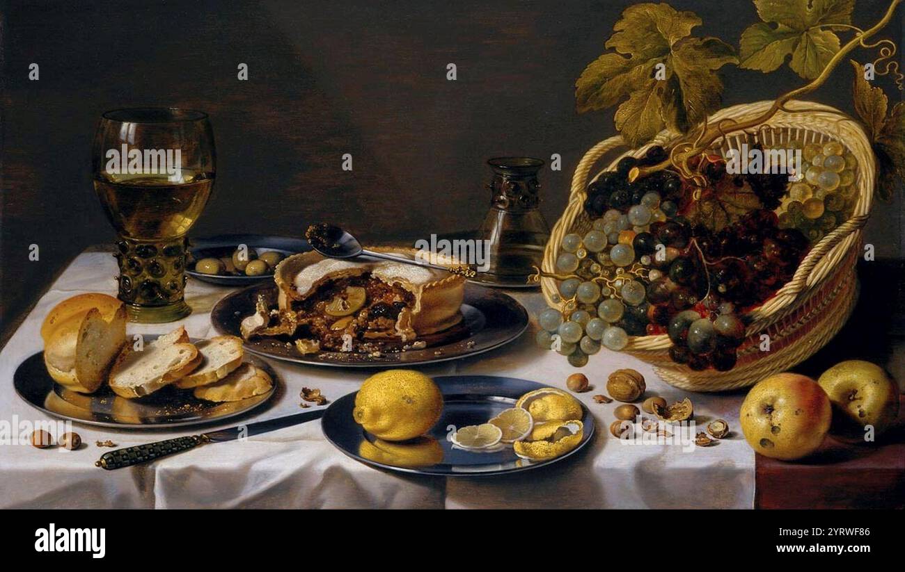 Claesz, Pieter - Tabletop Still Life with Mince Pie and Basket of ...