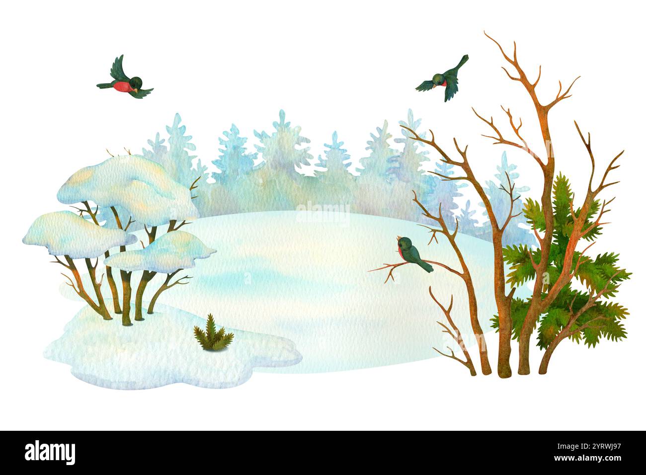 Winter forest. Cartoon landscape. Horizontal composition of snowy bush ...