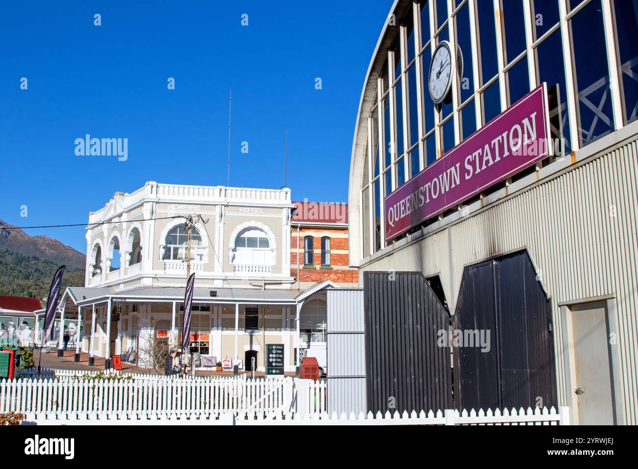 Queenstown train station and the Empire Hotel Stock Photo - Alamy