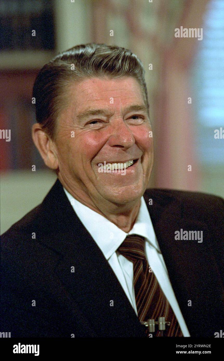 Close Up of President Ronald Reagan Smiling During Taping Sessions in ...