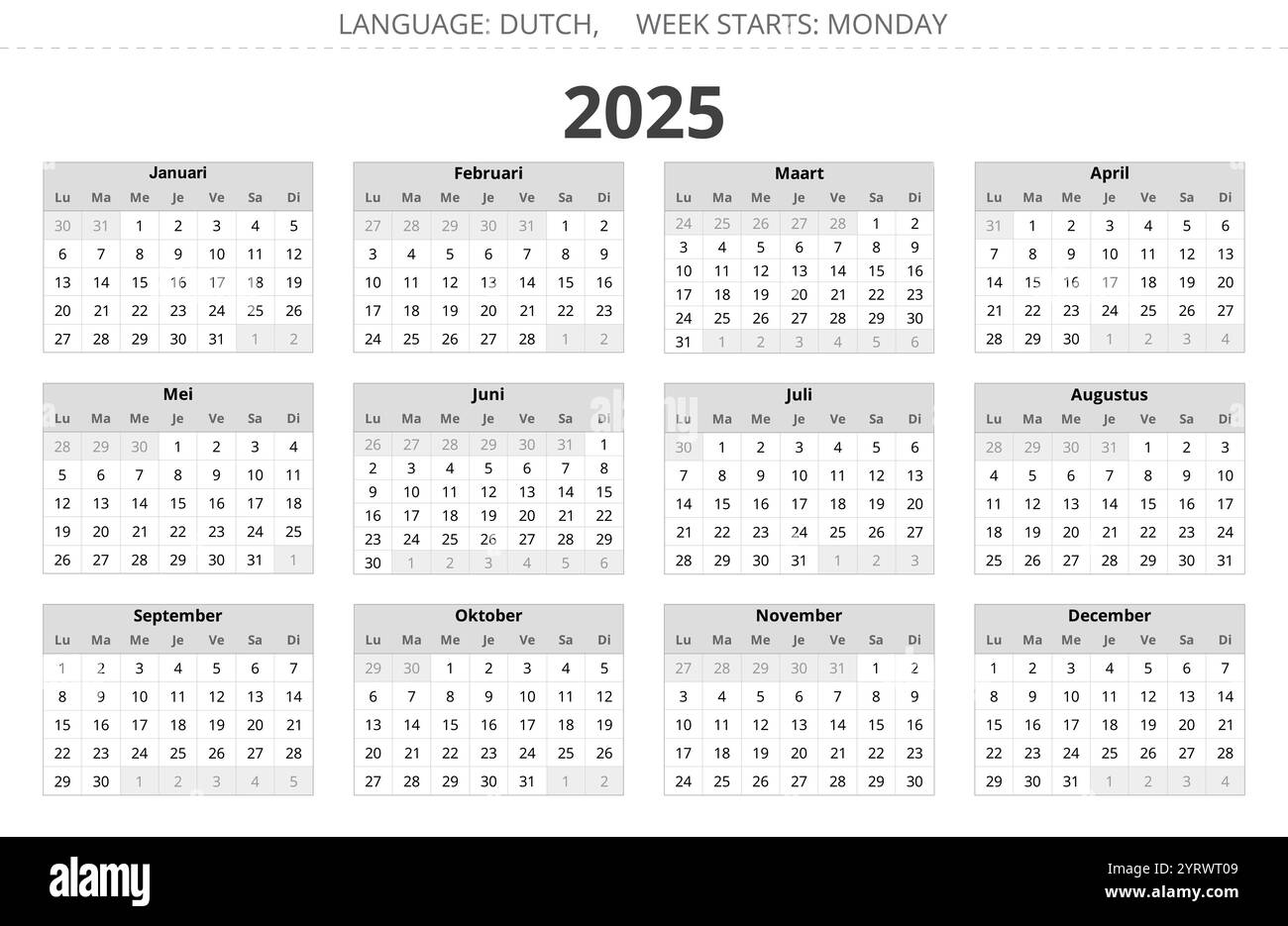 2025 year dutch calendar. Vector illustration for Dutch. 12 months ...