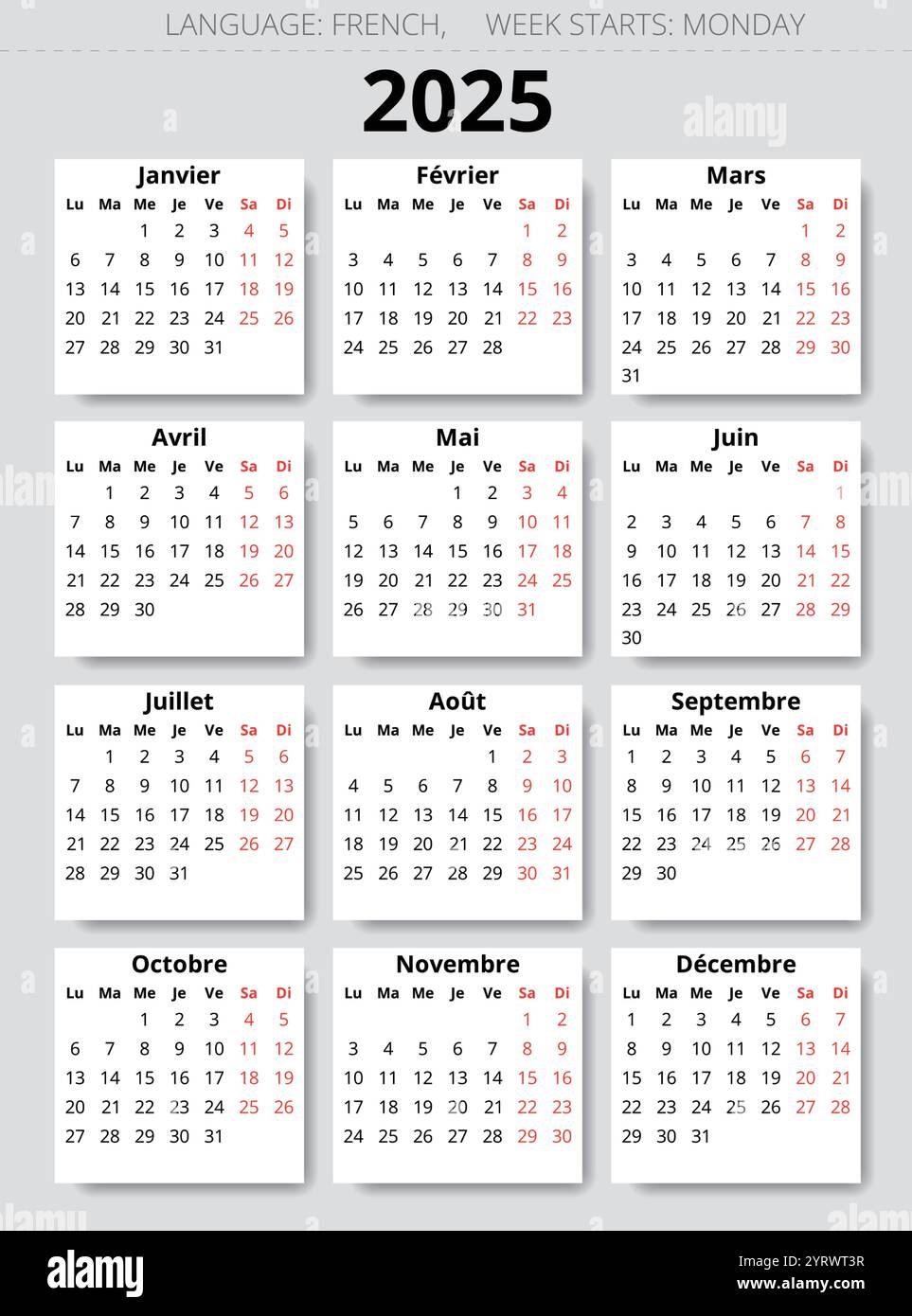 2025 FRENCH calendar. Vector illustration for France. 12 months year ...