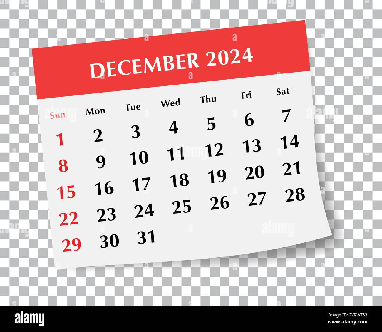 ENGLISH december 2024 calendar. Vector illustration on transparent ...