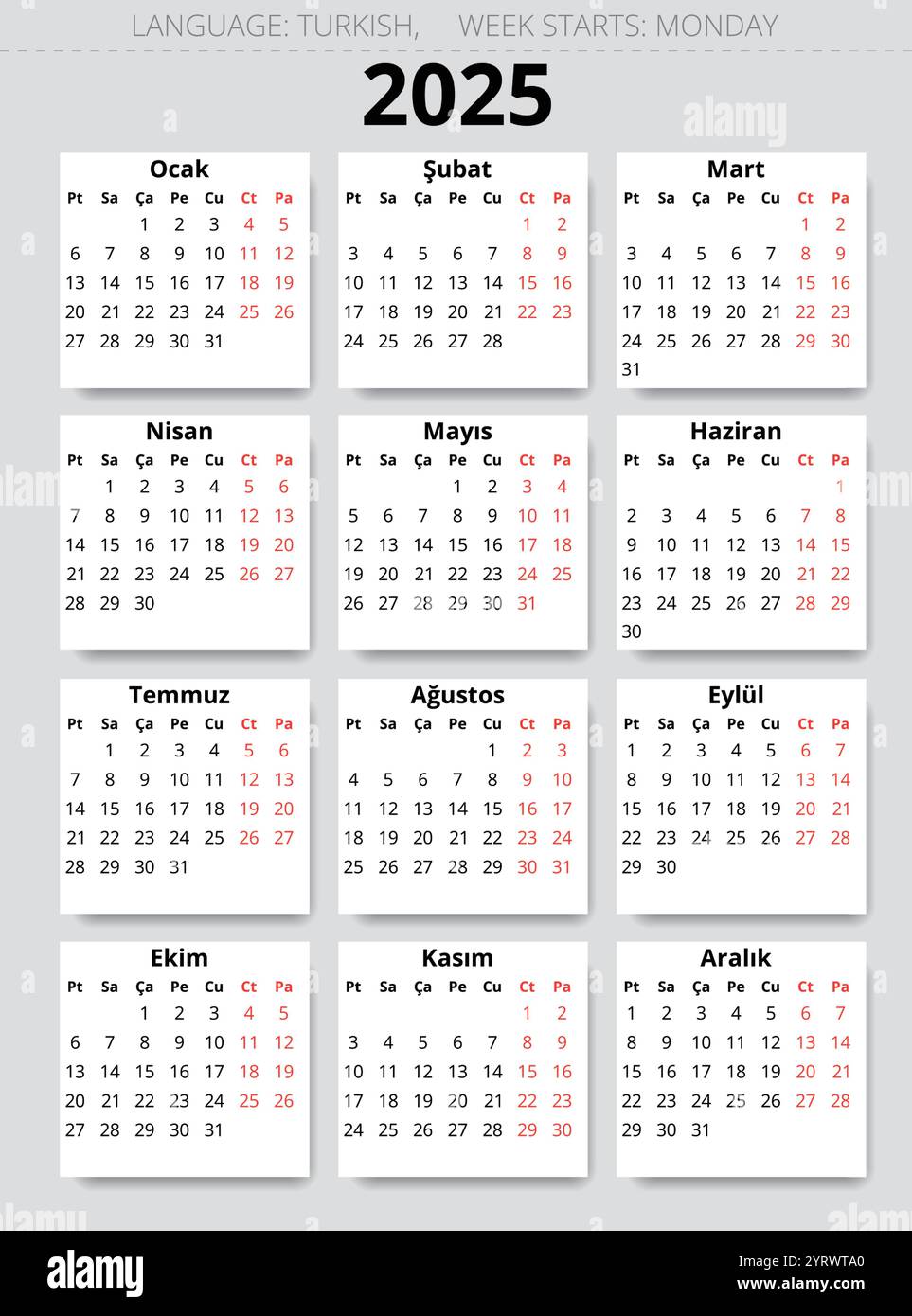 2025 year turkish business calendar (takvim). Vector illustration for ...
