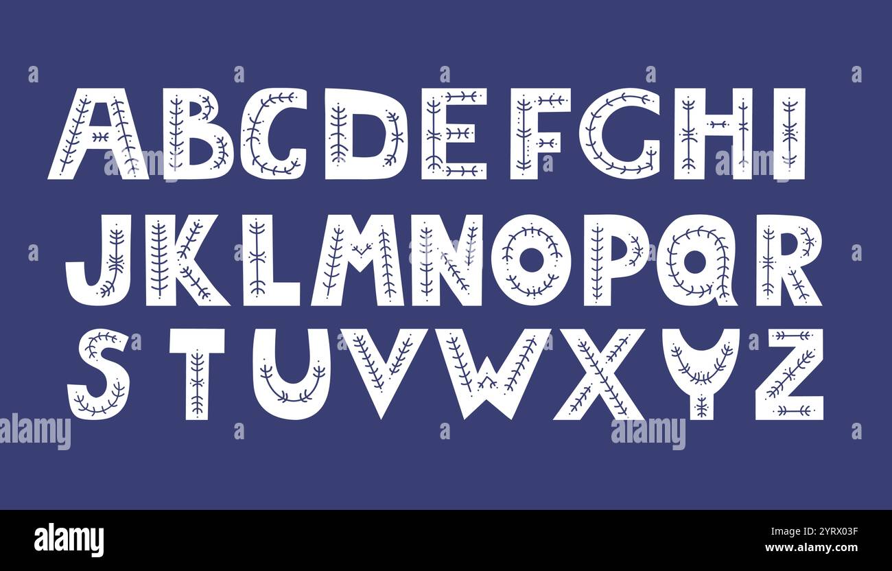 Hand-drawn White Decorative English Alphabet with pattern on navy Blue ...