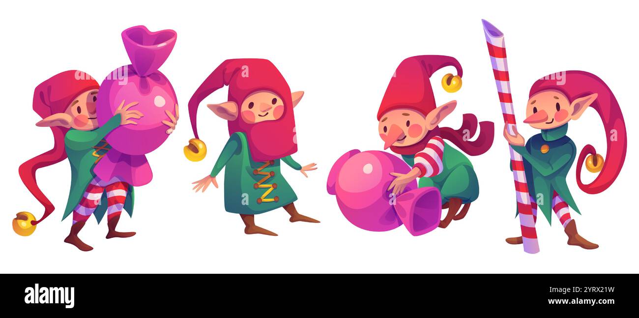 Cute elves in festive costumes carrying oversized candies and caramel ...
