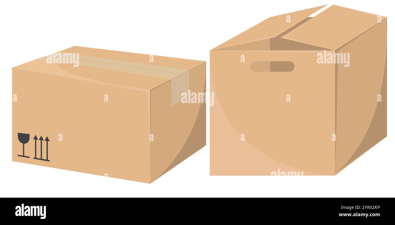 Vector illustrations of craft-style cardboard boxes for delivery, shown ...