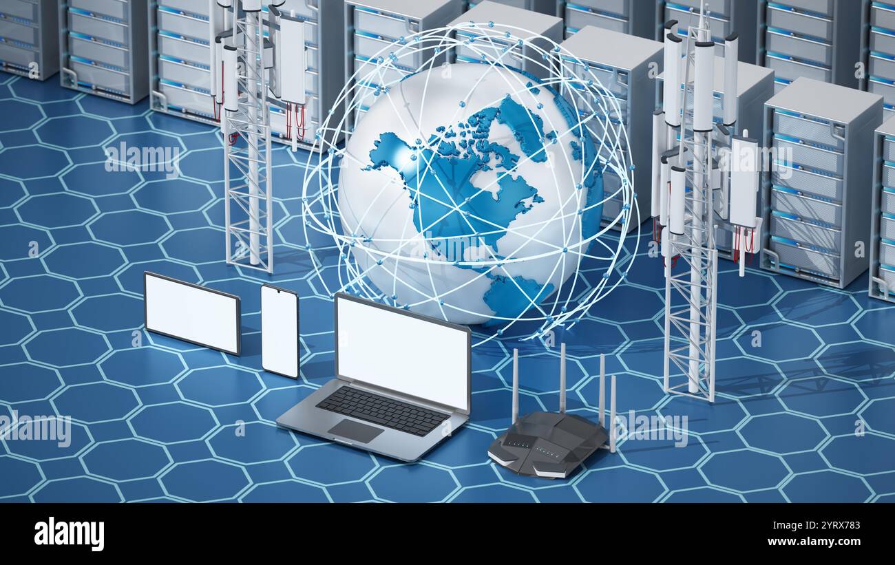 Network server concept with a globe,receivers and electronic devices ...