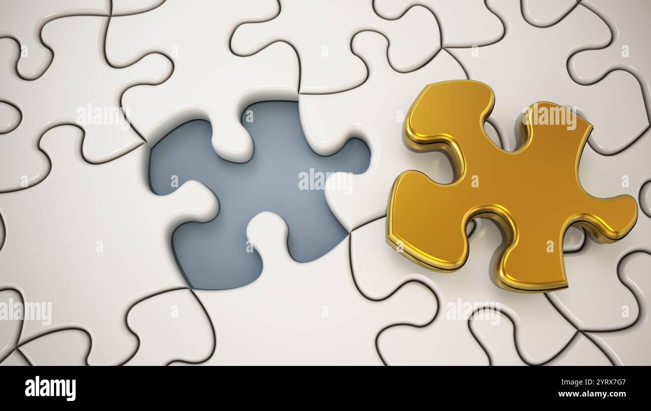 Gold puzzle piece is placed on the hole among other parts and fits ...