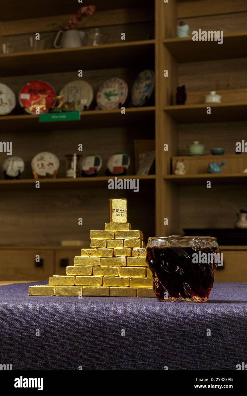 Aesthetic Display Featuring Golden Ingots Alongside Vintage Ceramics ...