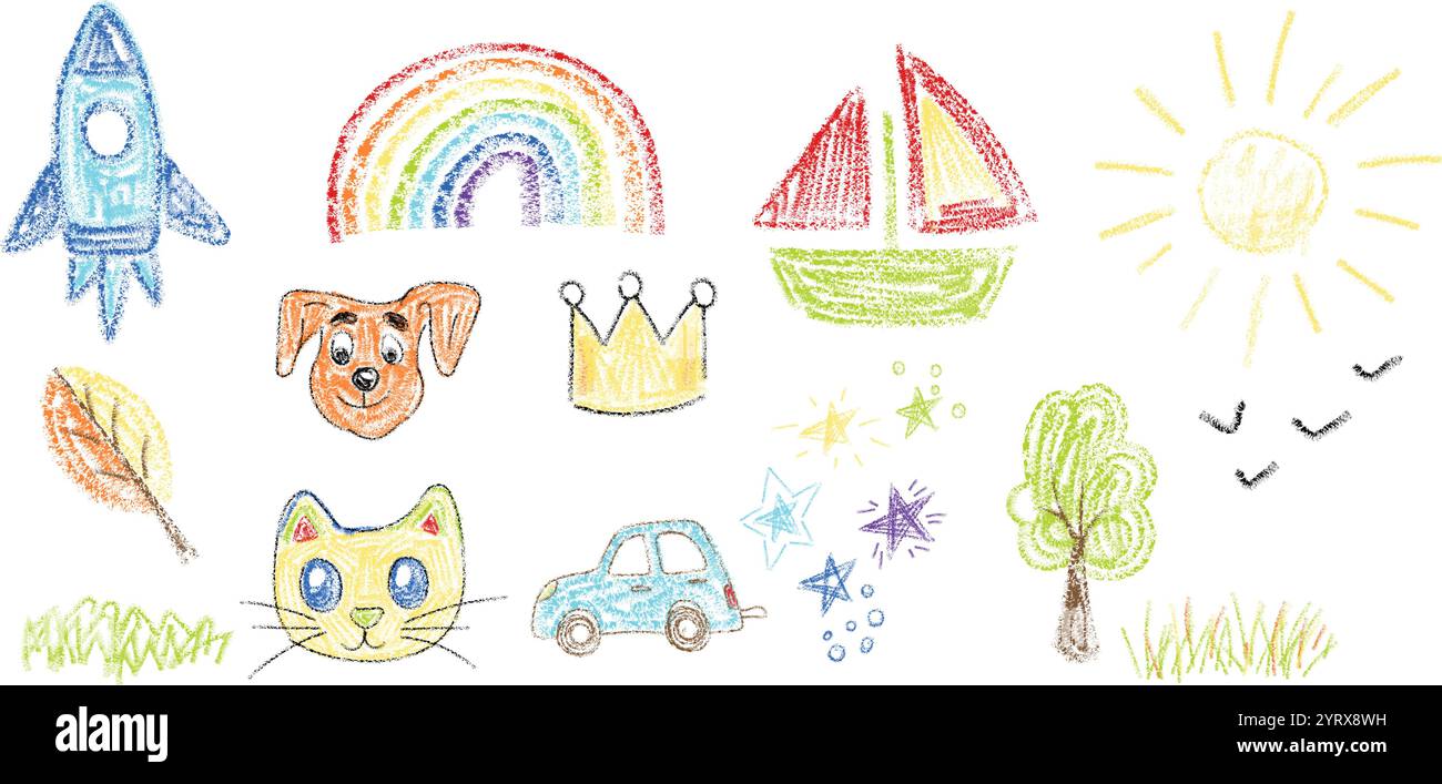 Kid doodle crayon or chalk hand scribble drawings set Stock Vector ...