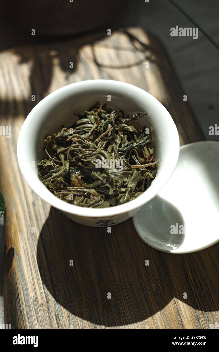 A beautiful arrangement of Organic Green Tea Leaves placed in a simple ...