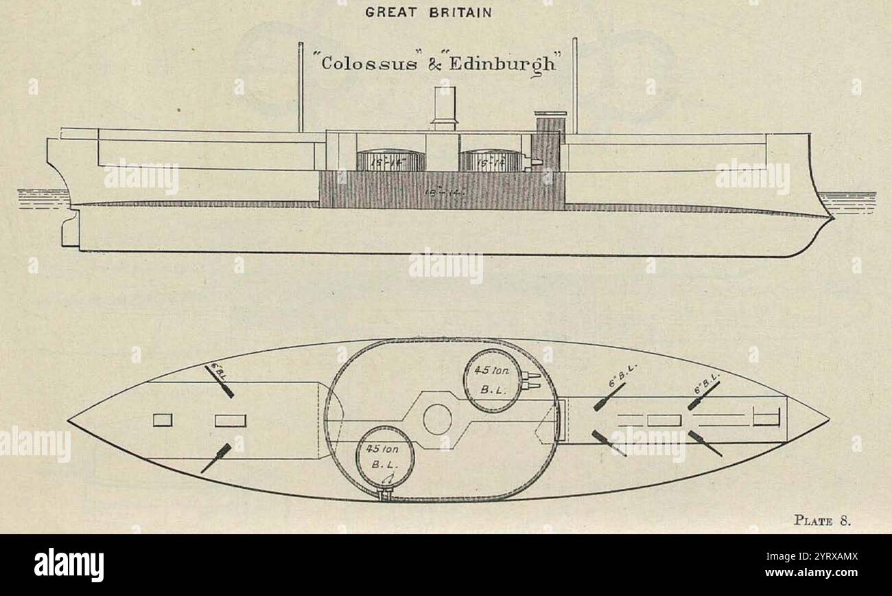 Colossus class battleship diagrams Brasseys 1896 Stock Photo - Alamy